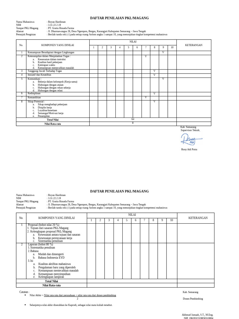 Daftar Penilaian PKL | PDF