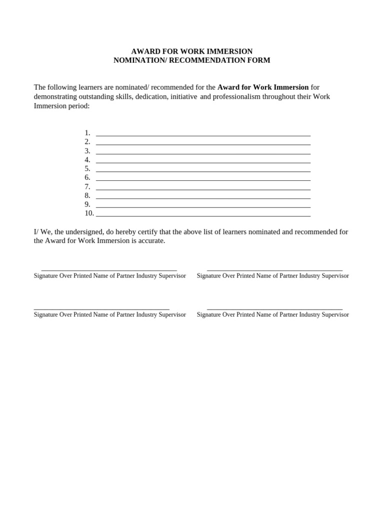 Award For Work Immersion Nomination Form | PDF