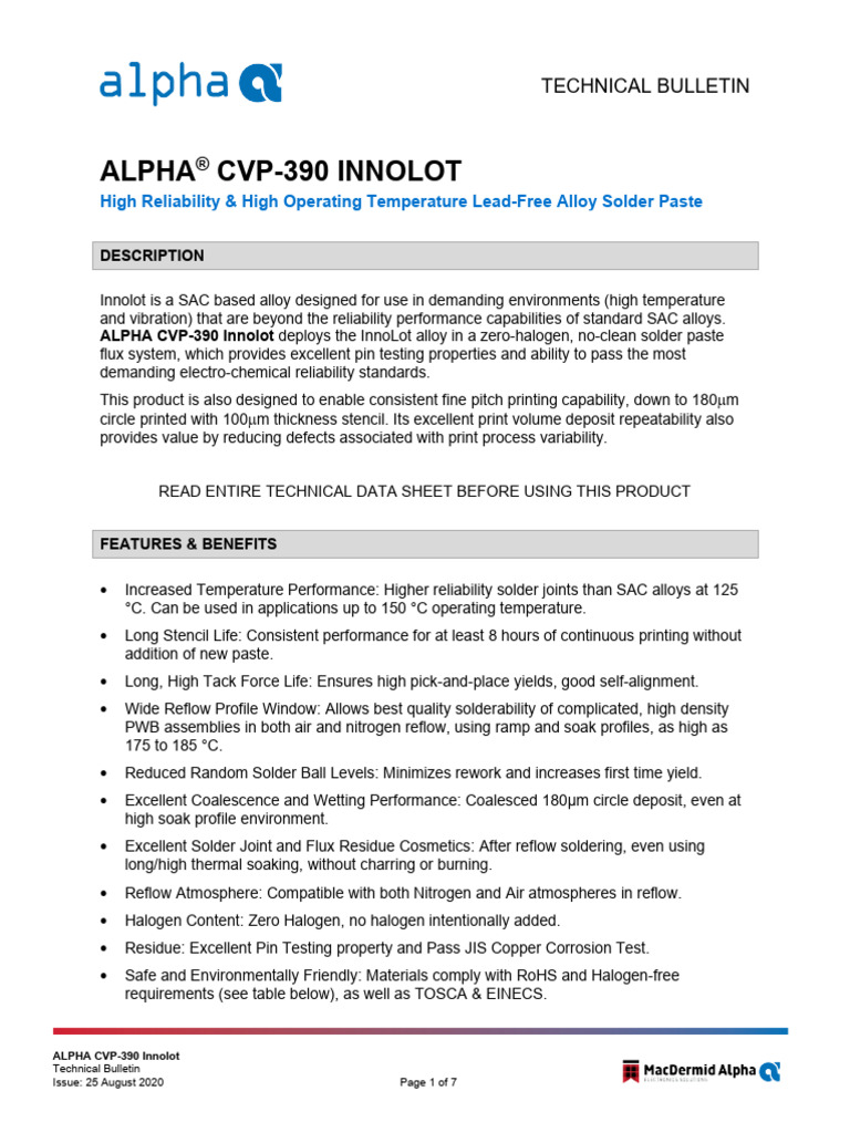 Alpha CVP-390 Innolot Solder Paste Guide | PDF | Solder | Soldering