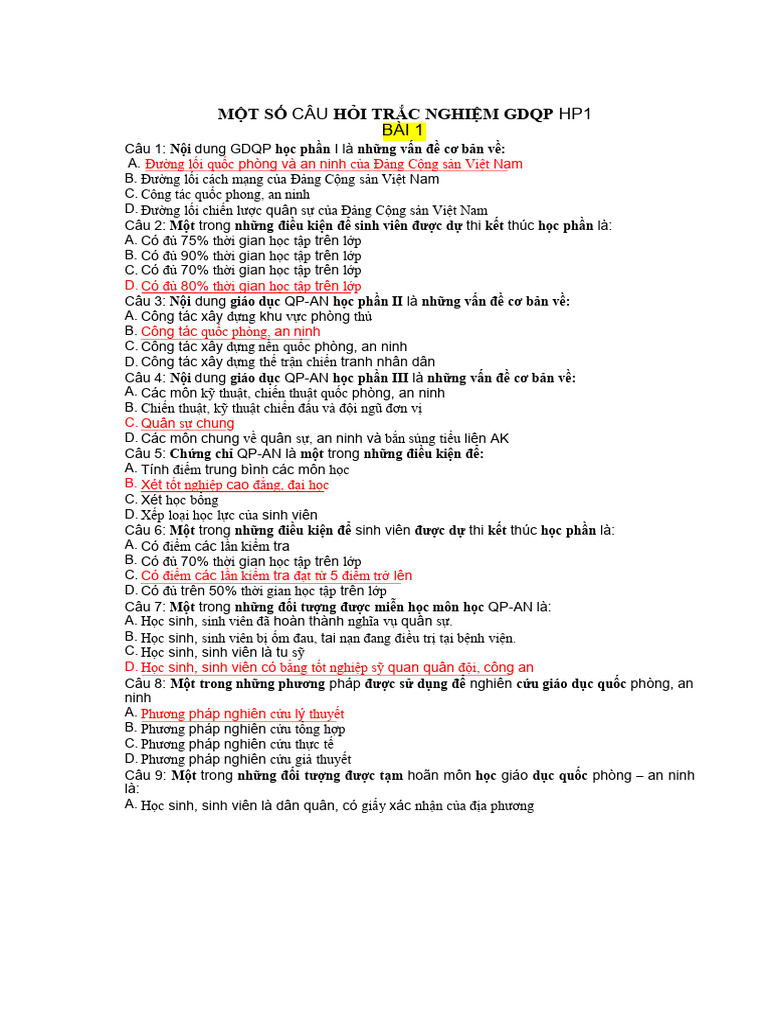 Tong Hop Mot So Cau Hoi Trac Nghiem Giao Duc Quoc Phong Hoc Phan 1 Co 142167 | PDF