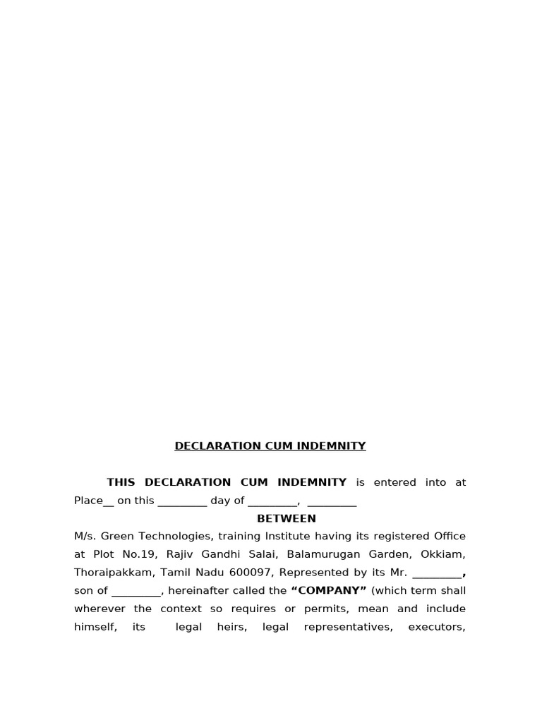 Declaration Agreement - Green Technologies | PDF | Indemnity | Civil ...
