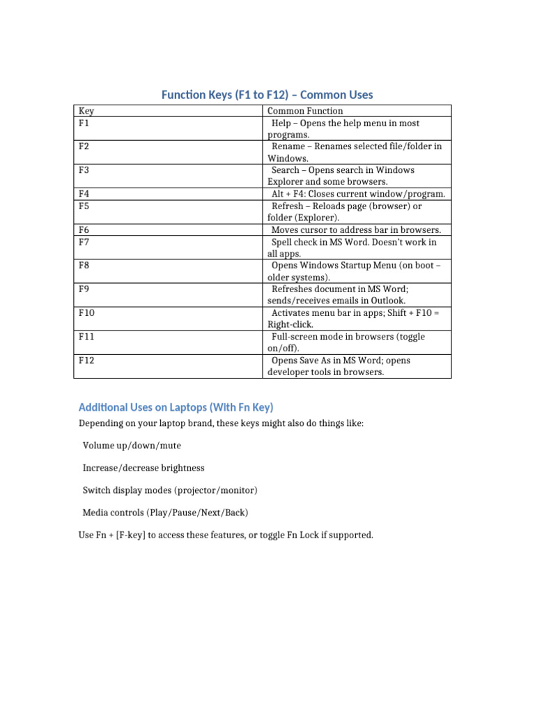 Functions of F1 to F12 Keys Explained | PDF