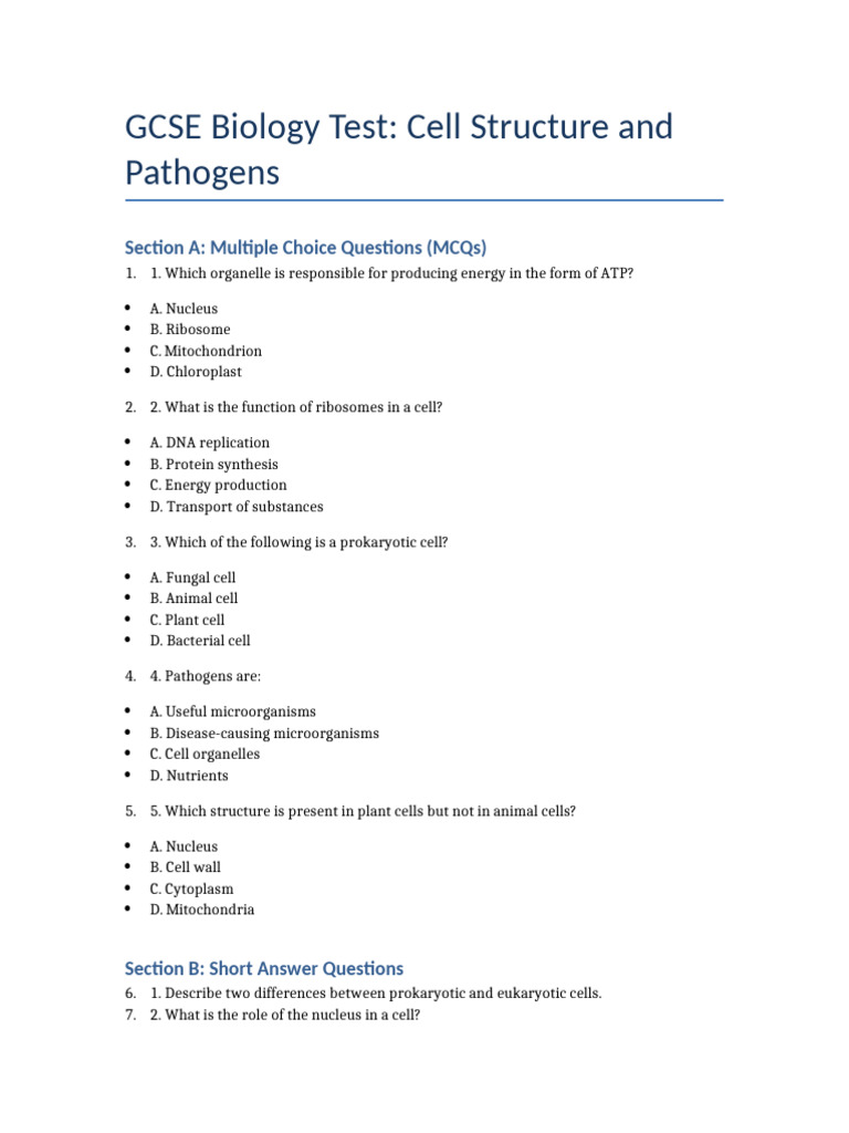GCSE Biology Test Cell Structure and Pathogens | PDF