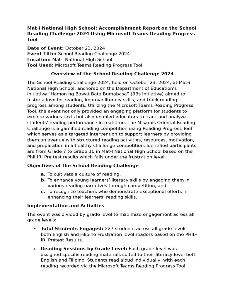 Mat-I NHS School Reading Challenge Accomplishment Report | PDF ...