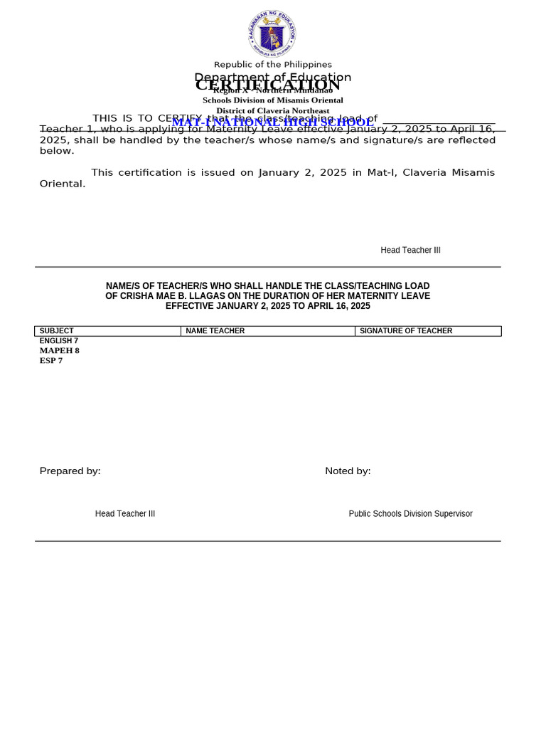 Teacher Maternity Leave Certification | PDF
