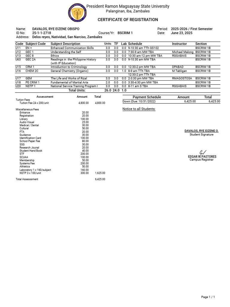 Certificate of Registration: Name: Period: ID No: Course/Yr: Date ...
