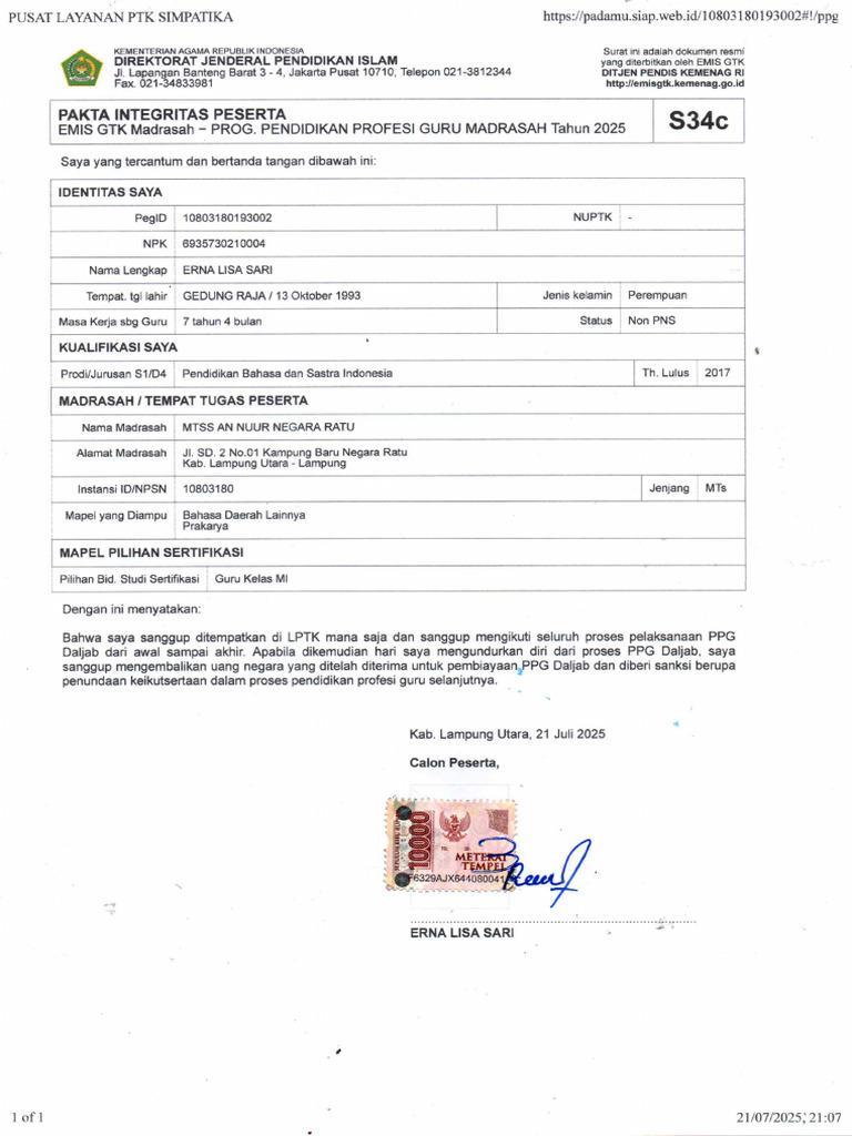 Fakta Integritas Erna | PDF