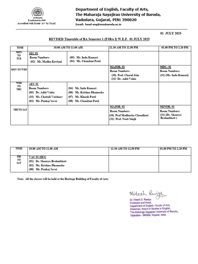 BA Semester Timetable 2025 | PDF