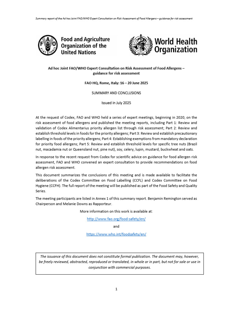 Risk Assessment of Food Allergen Guideline June 2025 Summary and ...