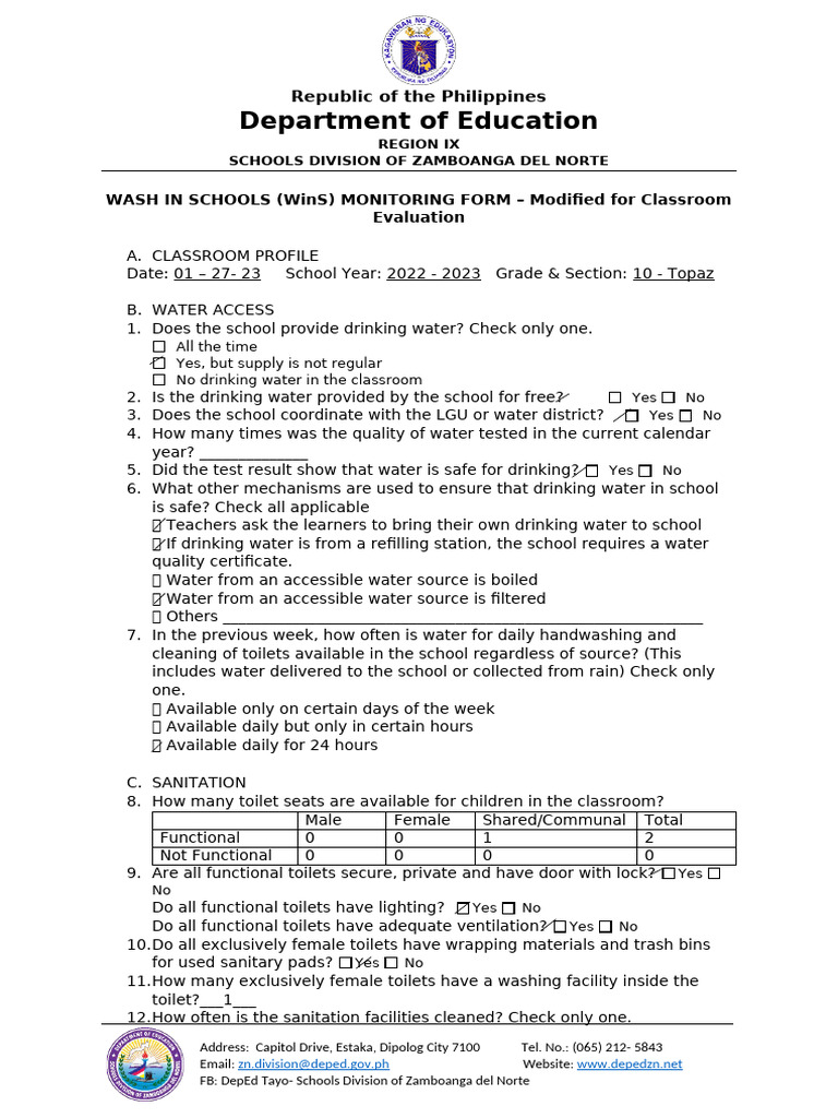 WINS Modified Monitoring Form | PDF | Hand Washing | Drinking Water