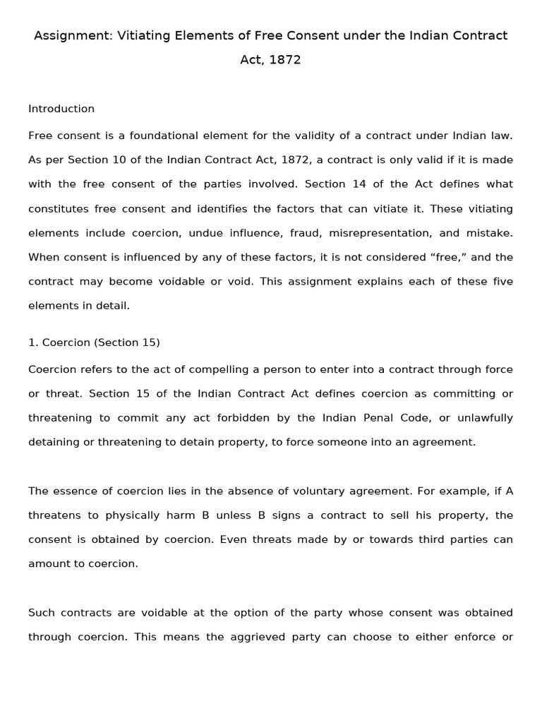 Vitiating Elements of Consent in Contracts | PDF | Misrepresentation ...