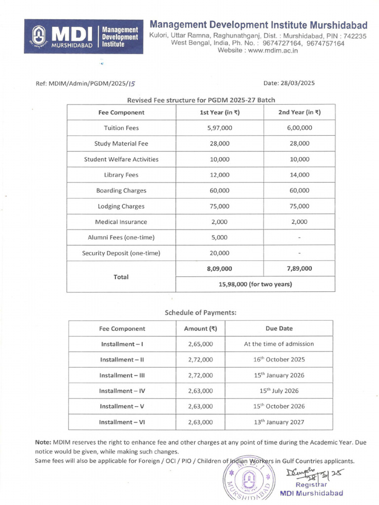 Revised Fee Structure PGDM 2025-27 | PDF