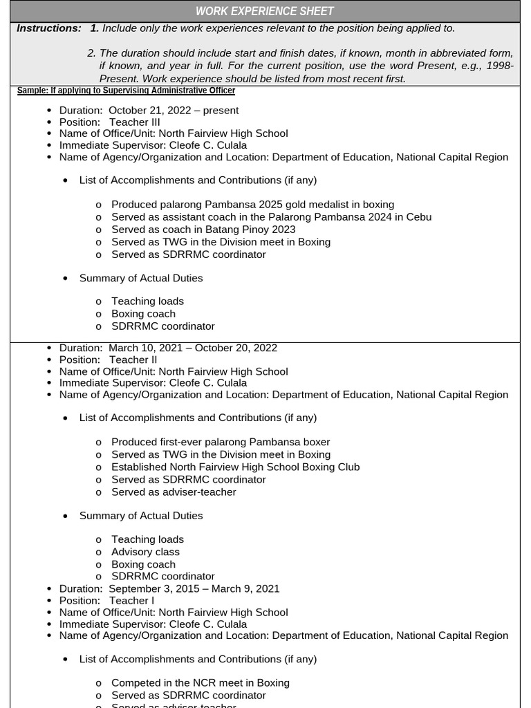 CS Form No. 212 Attachment - Work Experience Sheet | PDF