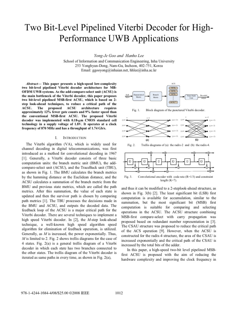 Two Bit-Level Pipelined Viterbi Decoder For High-Performance UWB Applications | PDF | Computer ...