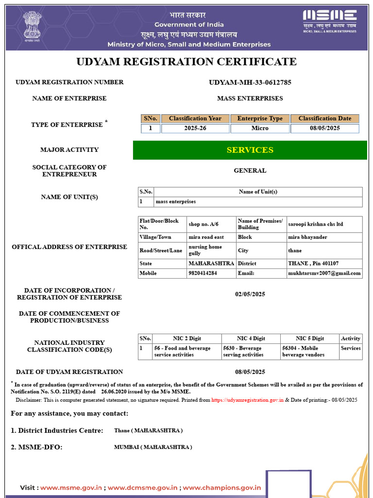Udyam Registration for Mass Enterprises | PDF