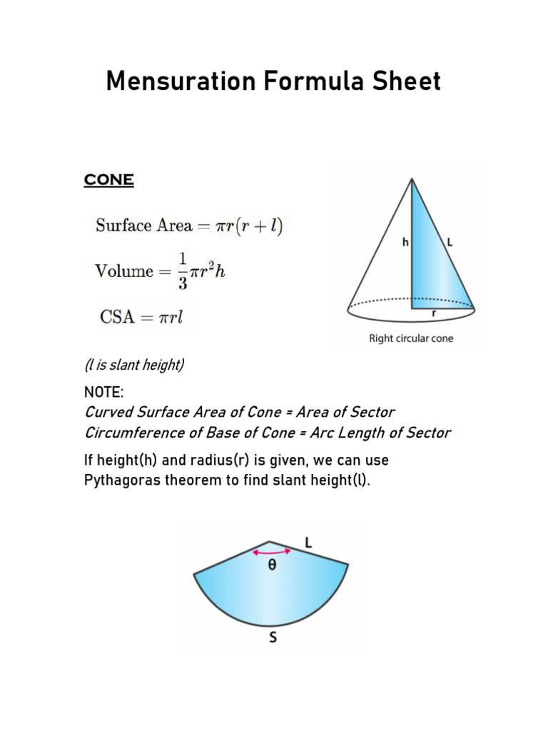 Mensuration Formula Sheet | PDF