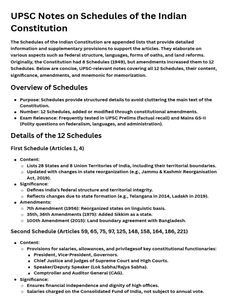 Overview of Indian Constitution Schedules | PDF | Government ...