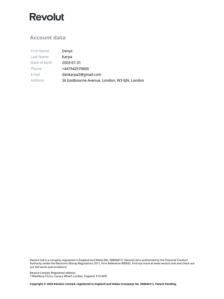 Account Data: First Name Last Name Date of Birth Phone Email Address | PDF