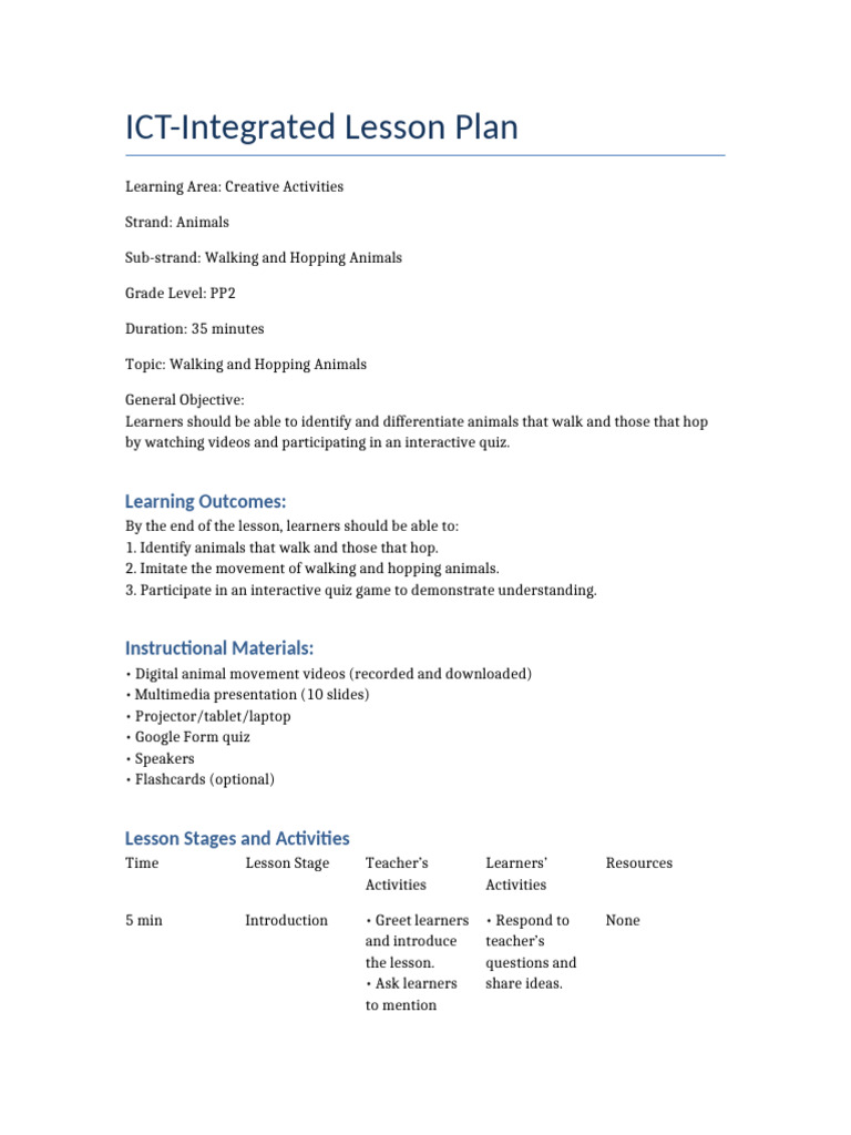 Walking and Hopping Animals Lesson Plan | PDF | Learning | Multimedia