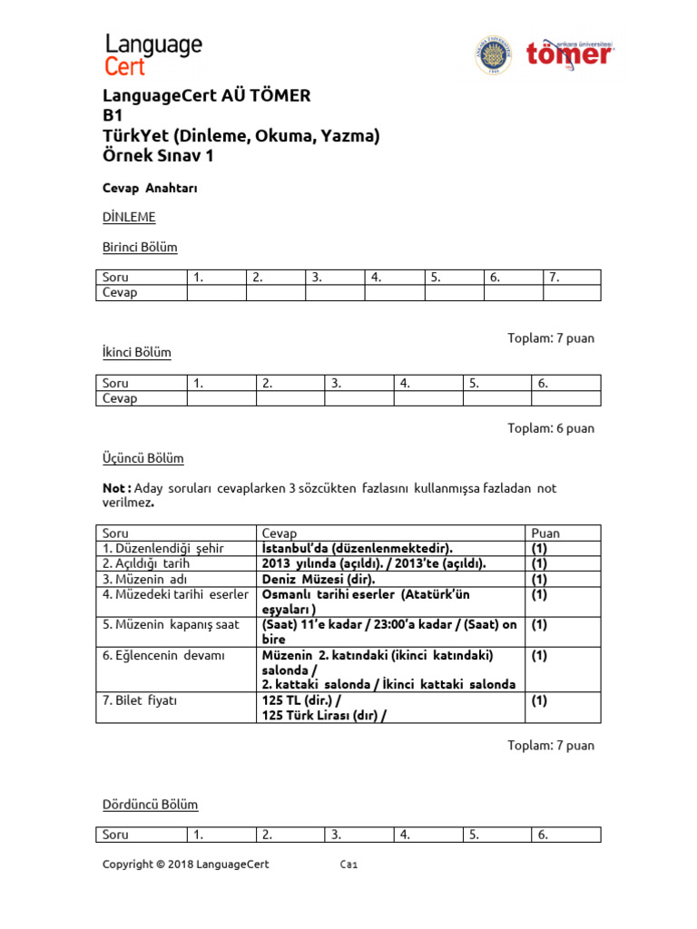 b1 Practice Paper Turkyet Key | PDF