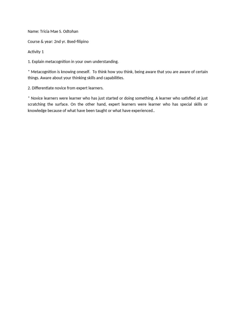 ANSWER EDUC 2 Activity 1 Metacognition | PDF
