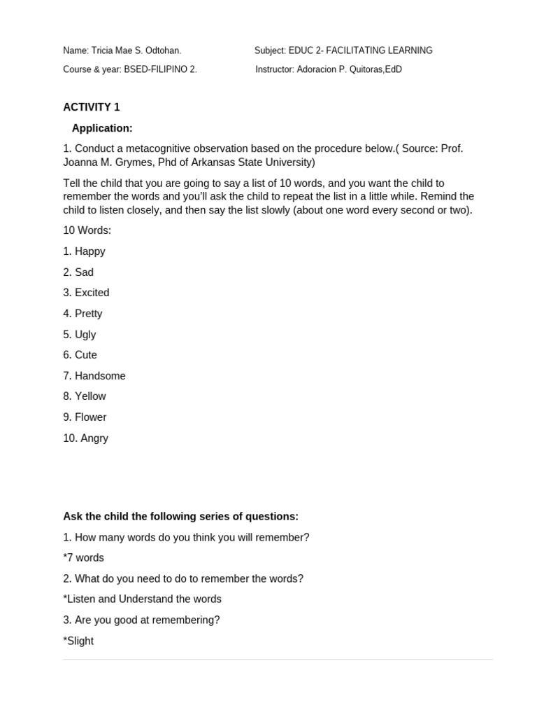 Odtohan, Tricia Mae S - Bsed-Filipino 2 - EDUC 2 | PDF | Learning | Motivational