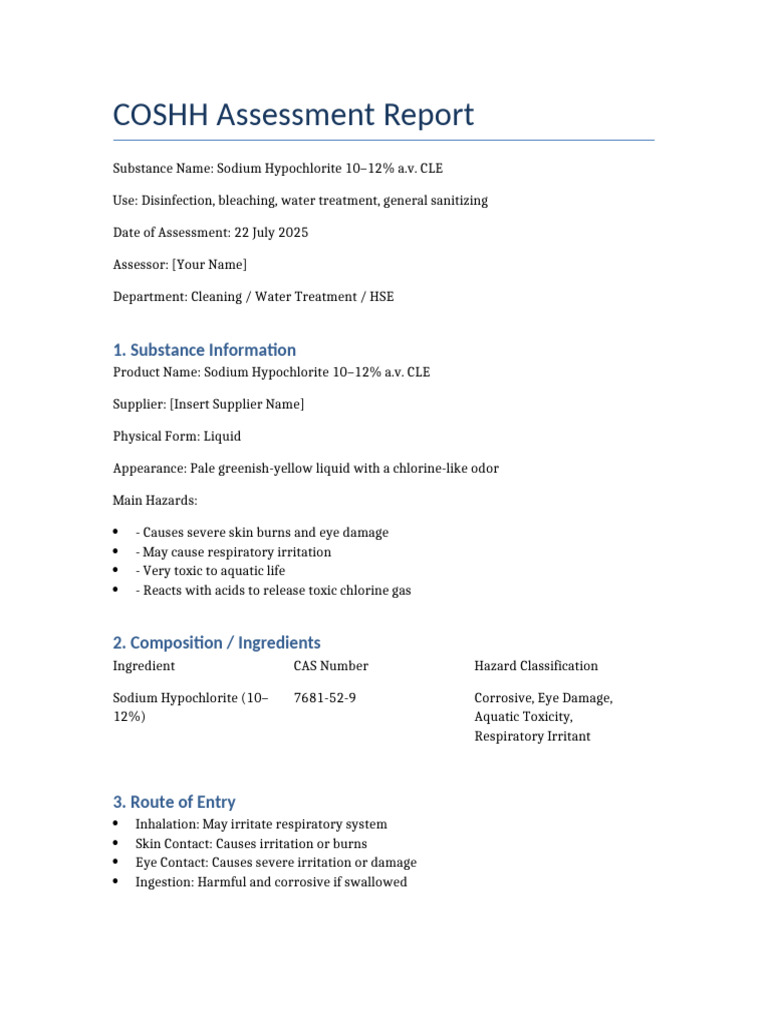 COSHH Assessment Sodium Hypochlorite 10 12 | PDF | Safety ...