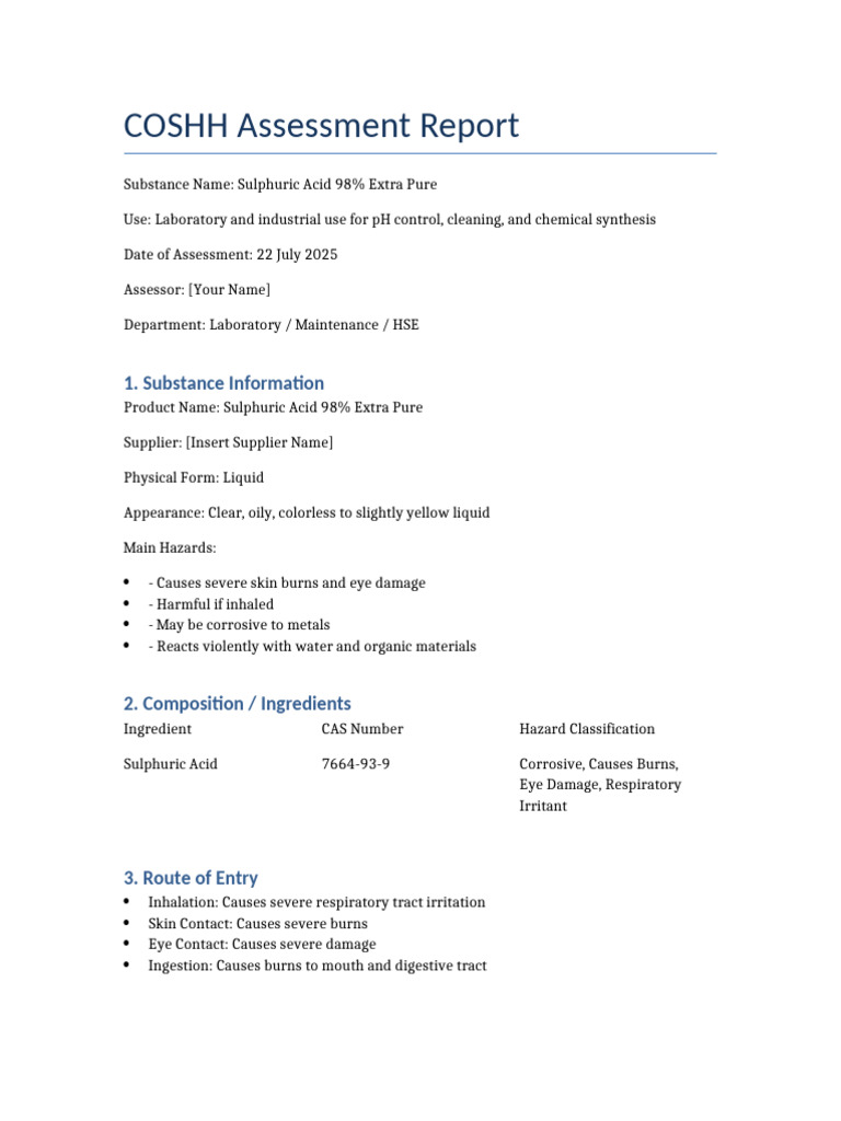 COSHH Assessment Sulphuric Acid 98 | PDF | Personal Protective ...