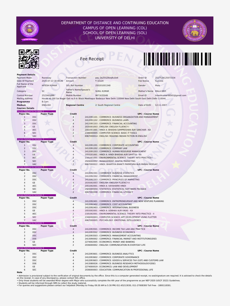 Student Fee Receipt | PDF | Business