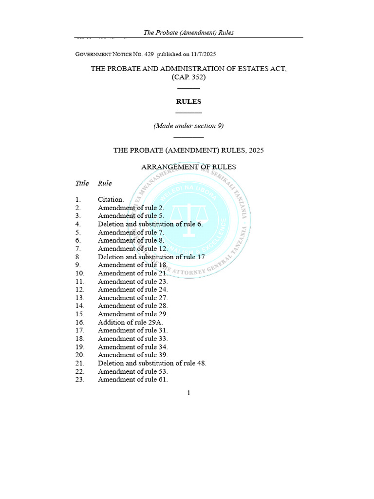 Subsidiary Legislation (The Probate (Amendment) Rules, 2025) | PDF ...