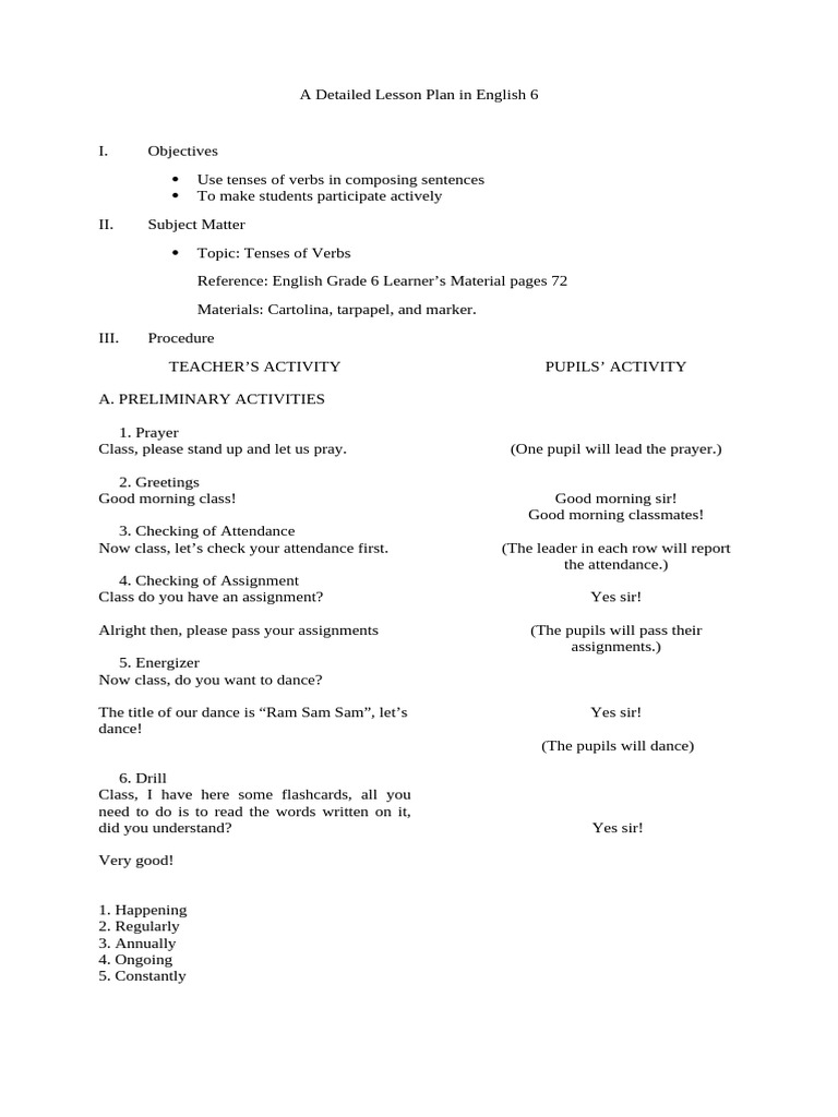 English 6 Lesson Plan: Tenses of Verbs | PDF | Grammatical Tense | Verb