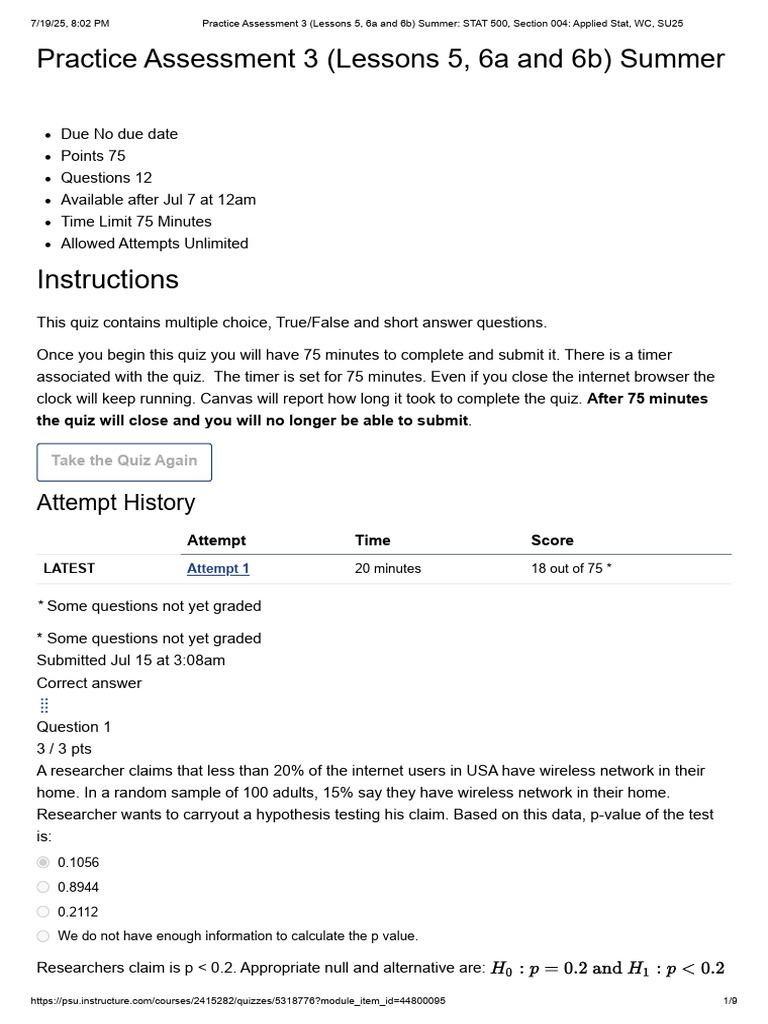 Practice Assessment 3 (Lessons 5, 6a and 6b) Summer - STAT 500, Section 004 - Applied Stat, WC ...
