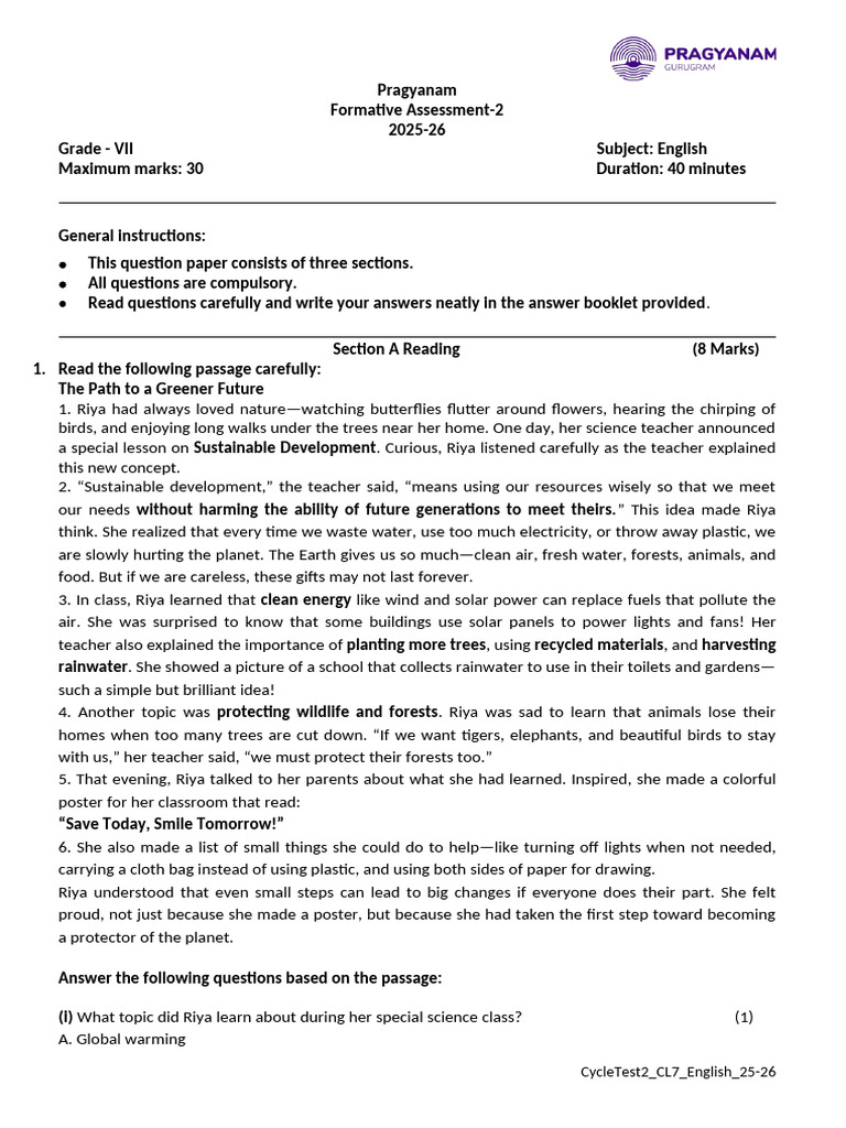 Class 7 Question Paper Cycle Test 2 | PDF | Sustainable Development ...