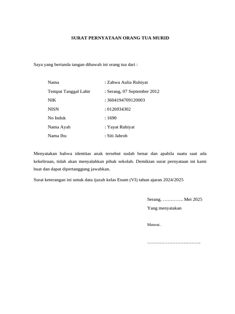 SURAT PERNYATAAN ORTU | PDF