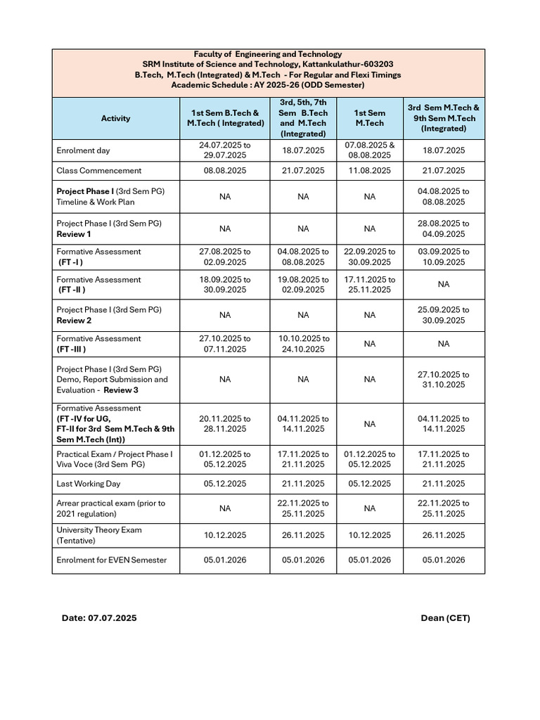 SRMIST 2025-26 Academic Schedule | PDF | Educational Stages