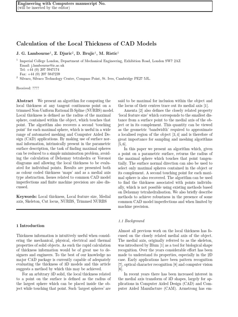 Calculation of The Local Thickness of CAD Models Joe G Lambourne Long ...