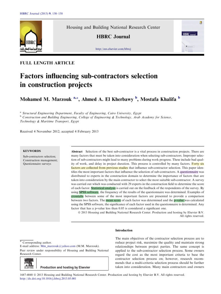 Factors Influencing Sub-Contractors Selection | PDF | Sample Size Determination | Sampling ...