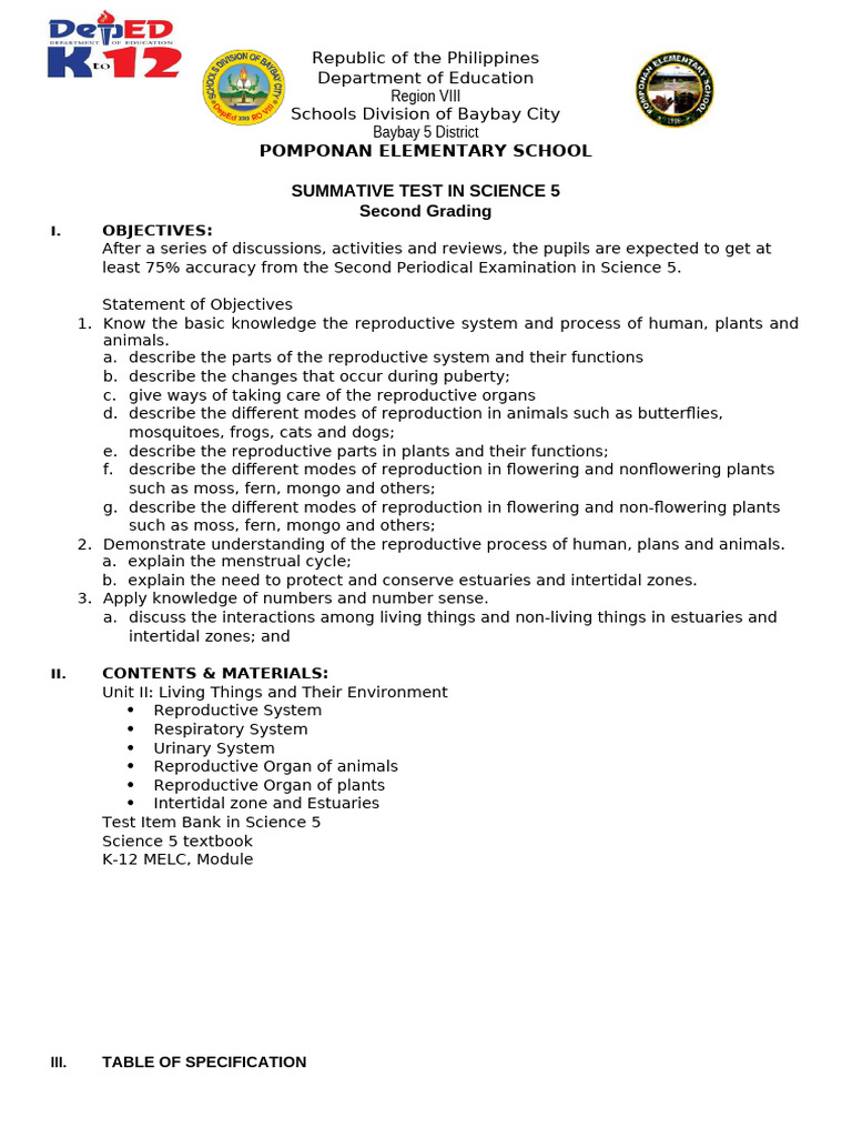 Science 5 Summative Test on Reproduction | PDF | Flowers | Human ...