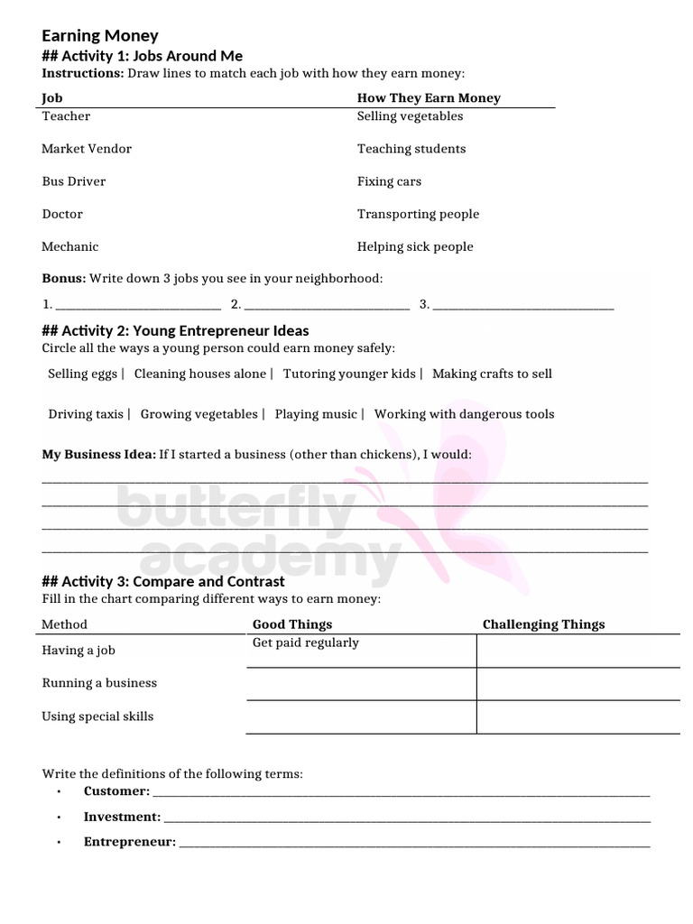 Unit1 Week2 Activity Worksheets Earning Money | PDF | Economies | Business