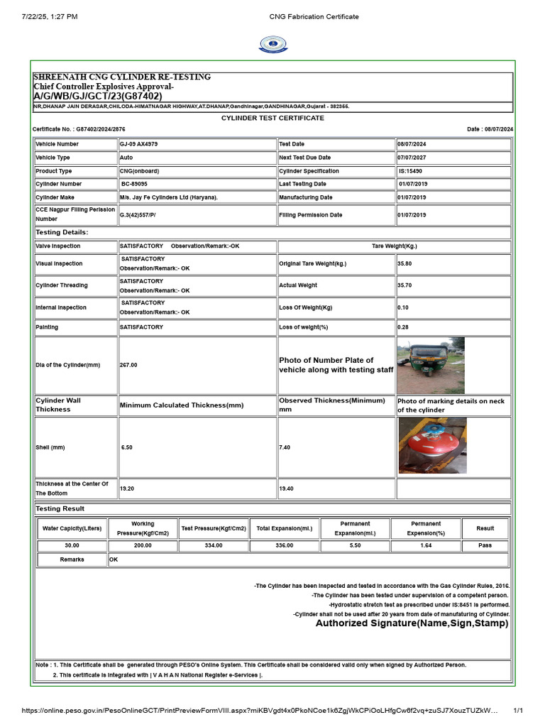 CNG Cylinder Test Certificate Details | PDF | Manufactured Goods ...