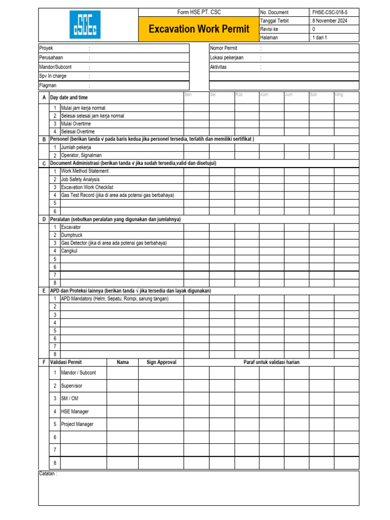 FHSE CSC 018 5 Excavation Work Permit | PDF