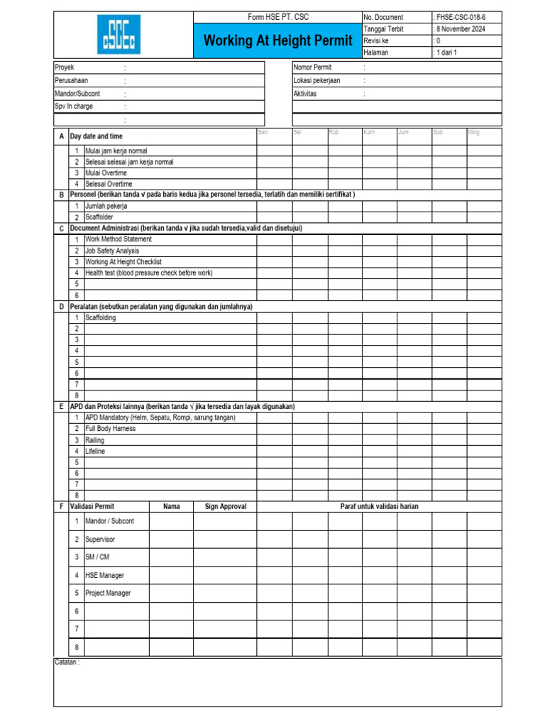 FHSE-CSC-018-6 Working at Height Permit | PDF
