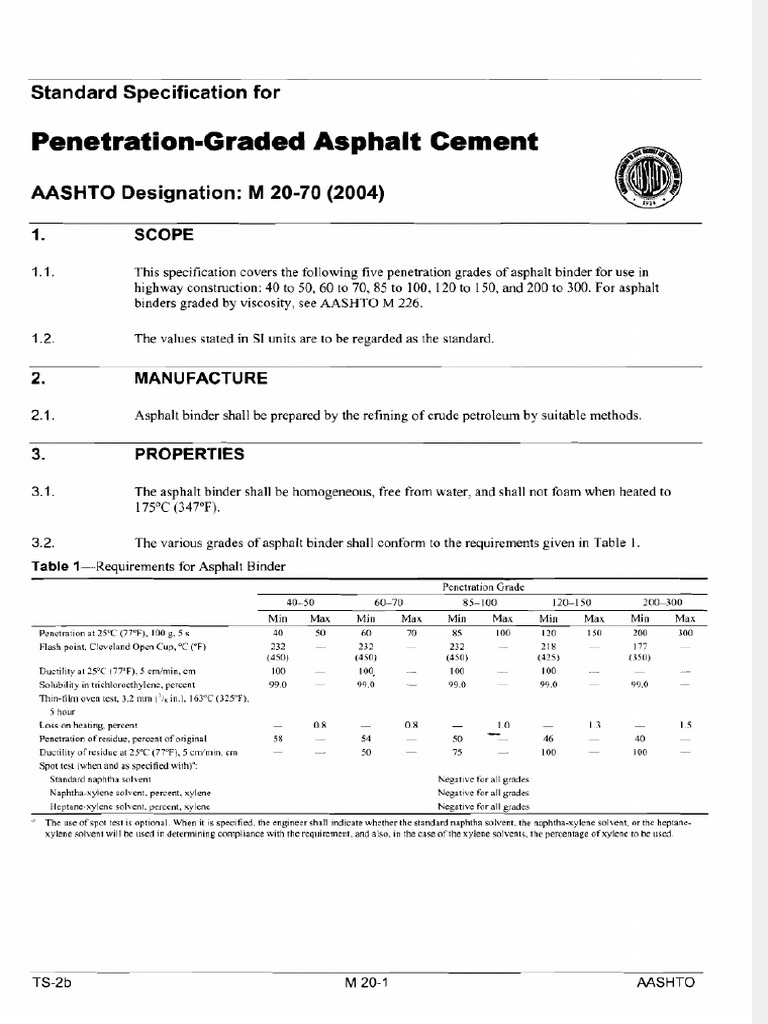 AASHTO M 20-70-2004 Penetration Graded Asphalt Cement | PDF | Materials ...