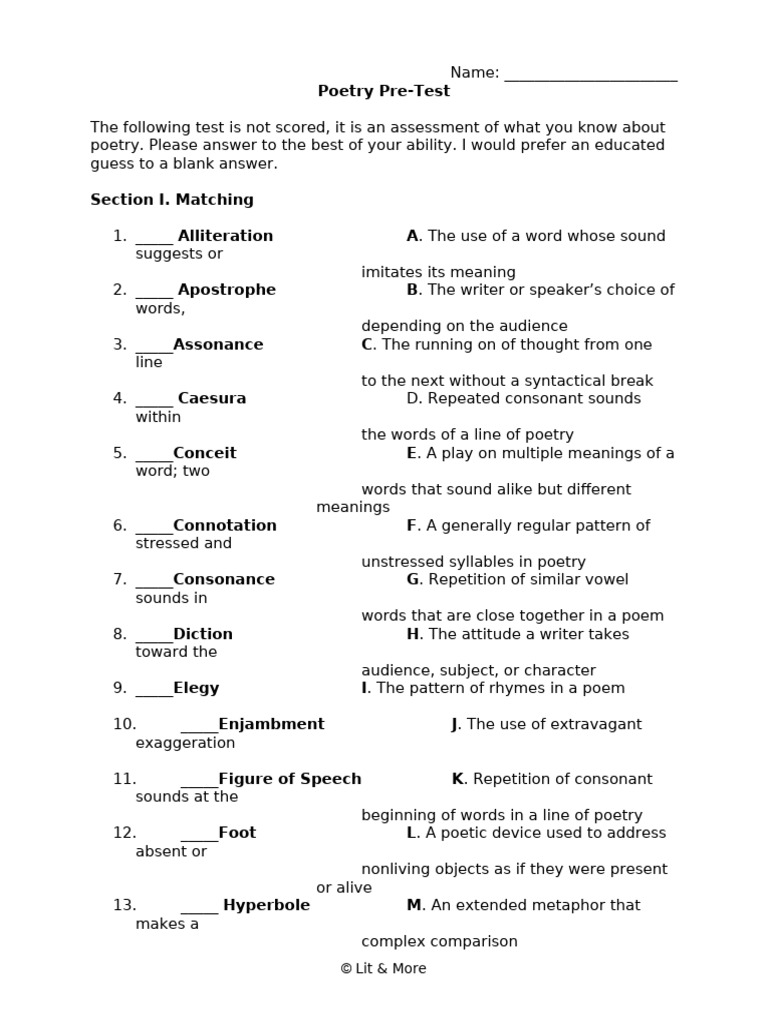 Poetry Pre-Test Answer Key | PDF | Poetry | Linguistics