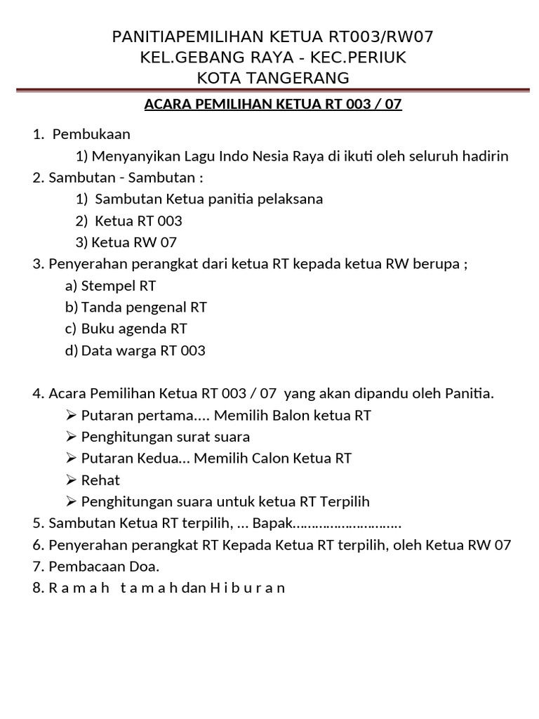 Susunan Acara Pemilihan Ketua RT | PDF