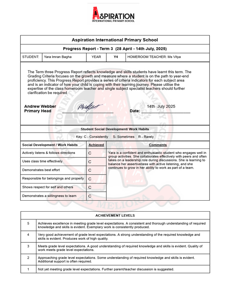 Yara Pyp Year 4 Term 3 Report Card Template 2025 Google Docs | PDF | Learning | Cognition