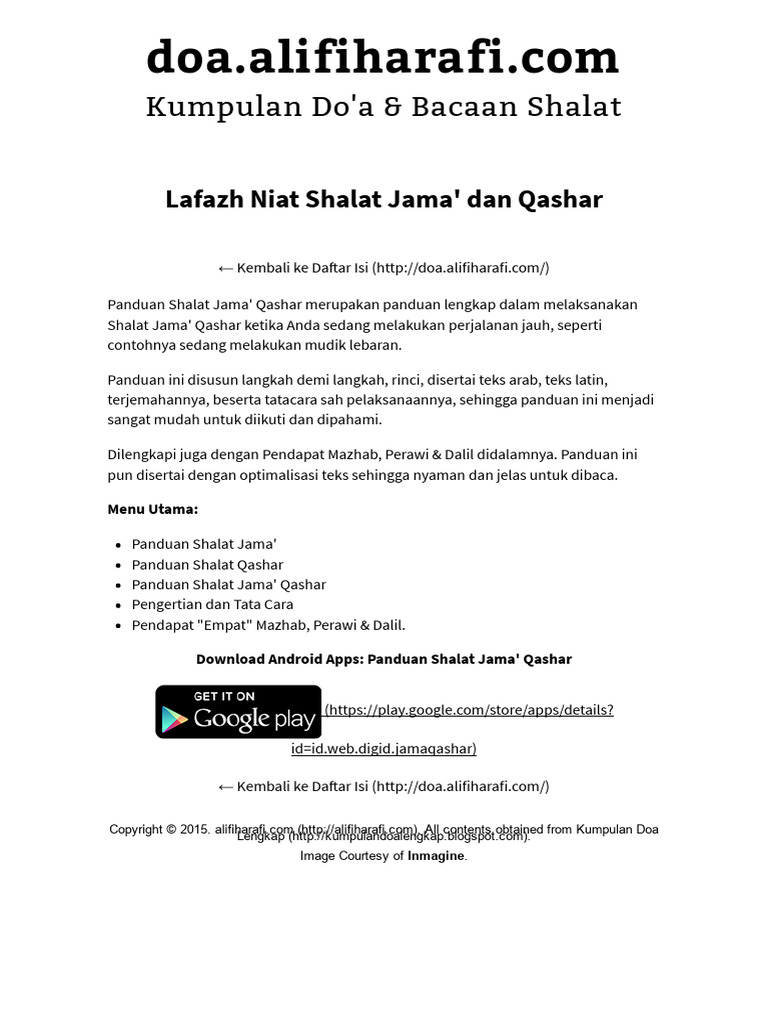 Lafazh Niat Shalat Jama' Dan Qashar | PDF