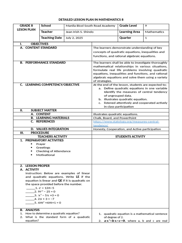 DLP Grade 9 - Illustrates Quadratic Equations | PDF | Equations ...