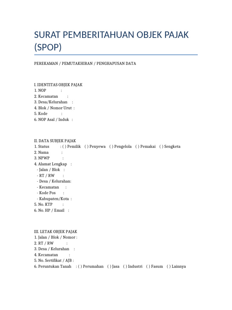 Template Permohonan SPOP PBB | PDF