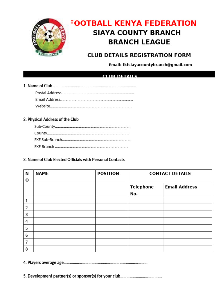 Siaya County Football Club Registration Form | PDF